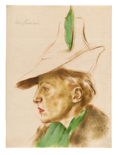 Lotte Laserstein, Dame im Profil mit grünem Schal und Hut mit grüner ...